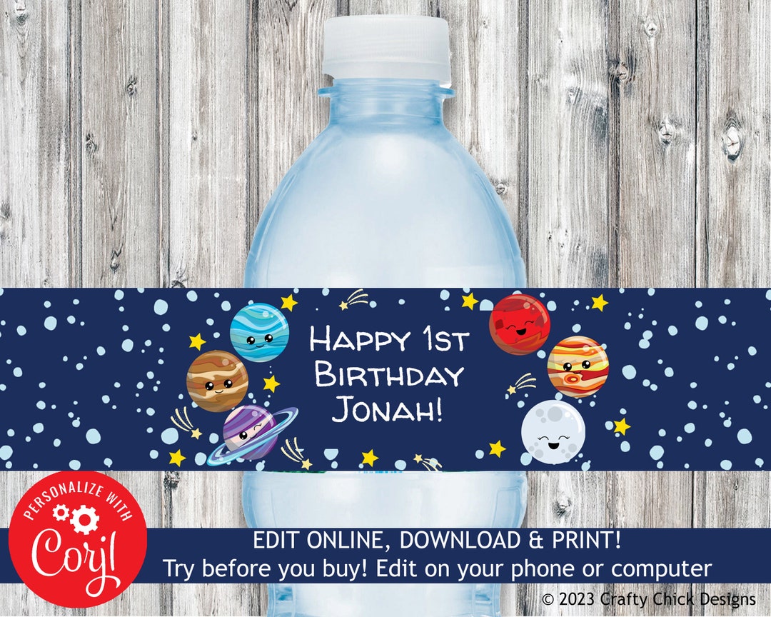 Editable Outer Space Birthday Water Bottle Wrappers, Space Birthday ...