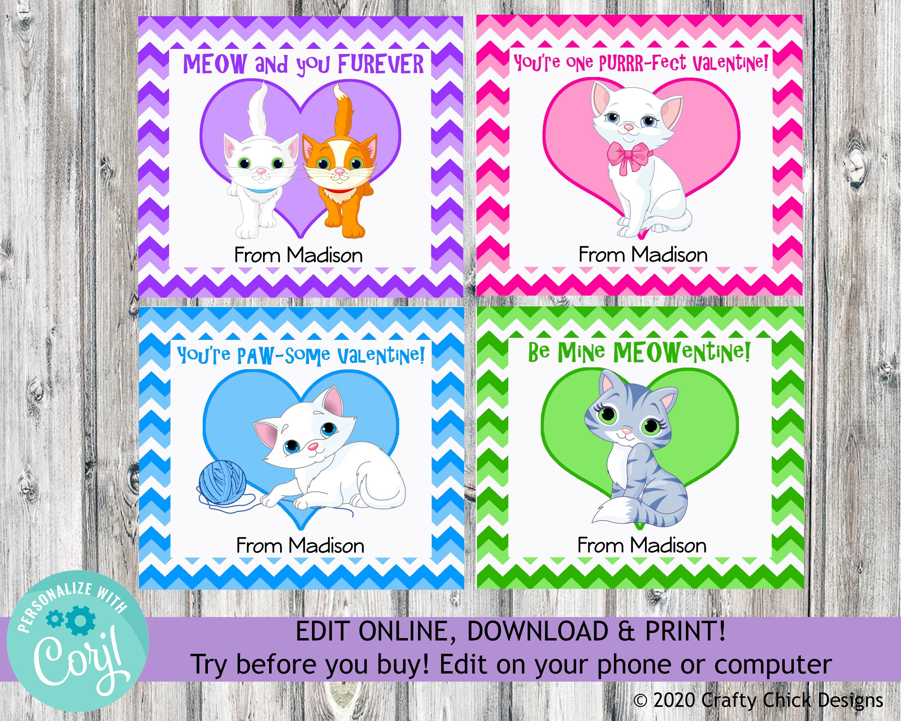 Editable Cat Valentine Cards, Cat Valentines, Kitty Valentine Cards ...