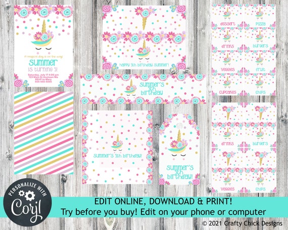 Editable Unicorn Birthday Party Printables Unicorn Party - Etsy