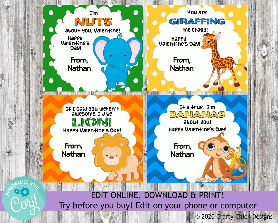 Editable Zoo Animal Valentine Cards Zoo Animal Valentines - Etsy