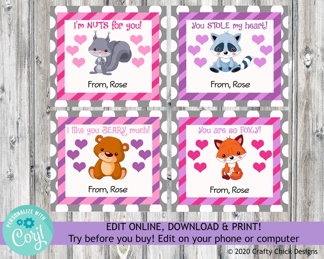 Editable Woodland Animal Valentine Cards, Woodland Animals Valentine ...