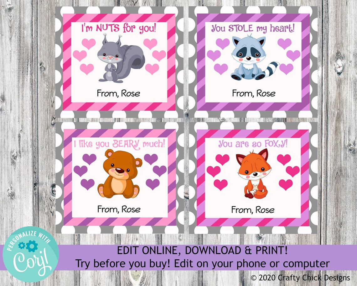 Editable Woodland Animal Valentine Cards, Woodland Animals Valentine ...