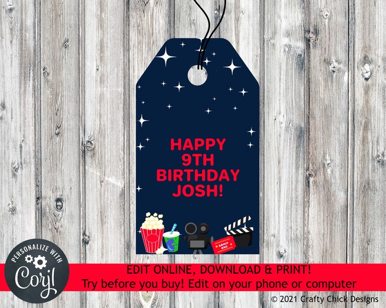 Editable Movie Night Birthday Party Gift Tag, Movie Theme Favor Tag ...