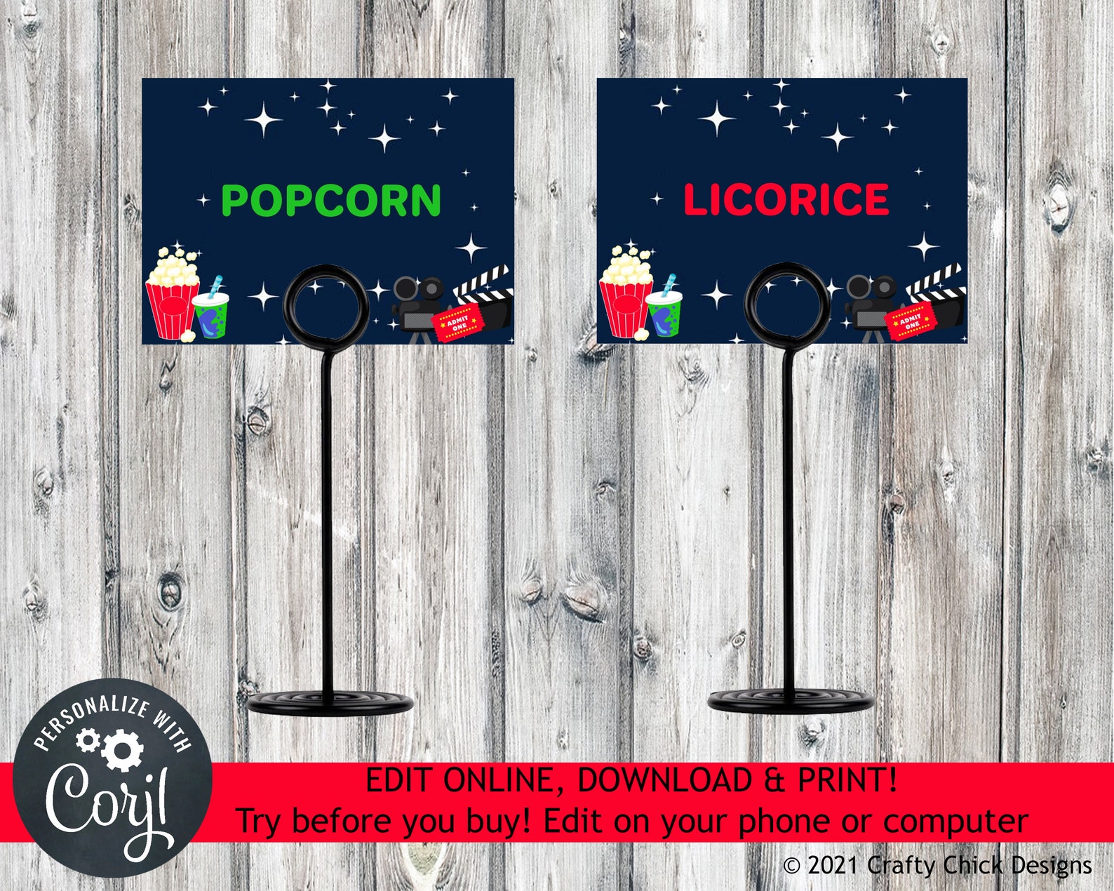 Editable Movie Night Birthday Food Cards, Movie Night Birthday Food ...