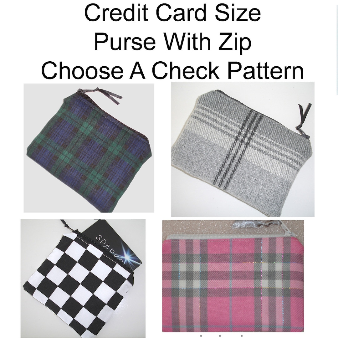 Purse With Zip Coin Credit Card Size Zipped Check Plaid Tartan Black ...
