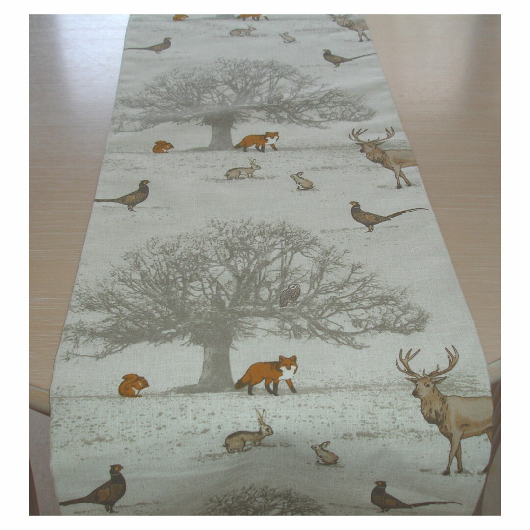 Table Runner Stag Woodland Scene Trees Deer Fox Squirrel Pheasant Owl ...