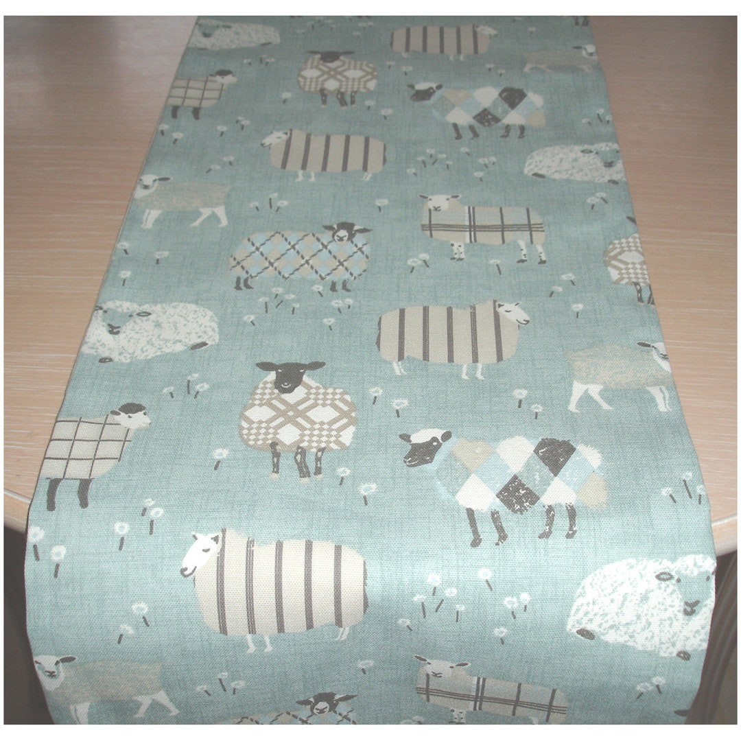 Sheep Table Runner 7ft 8ft 9ft Duck Egg Grey Beige Animals Dining Theme ...