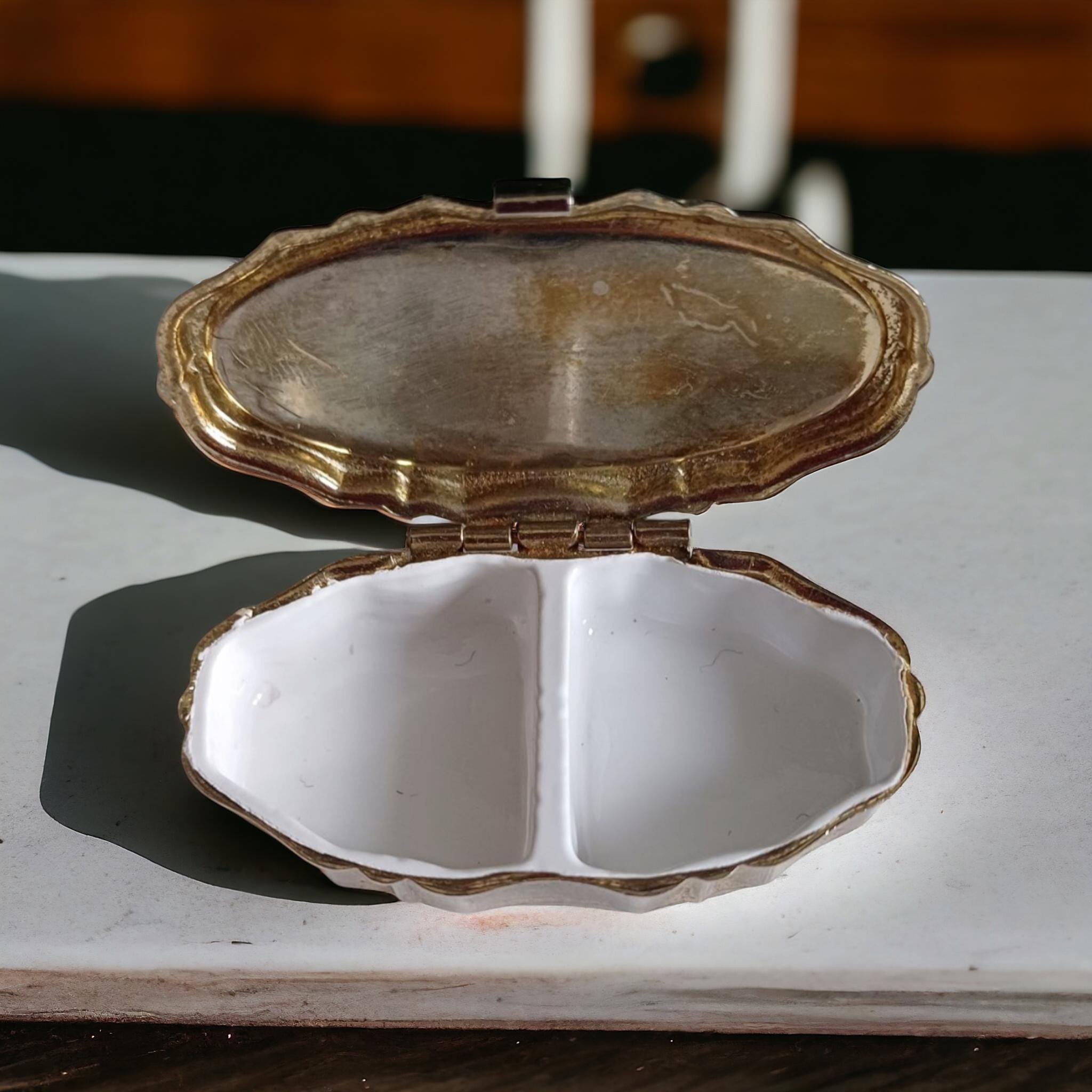 Vintage Floral Enamel Pill Box Gold-tone Metal & Porcelain Trinket Box ...