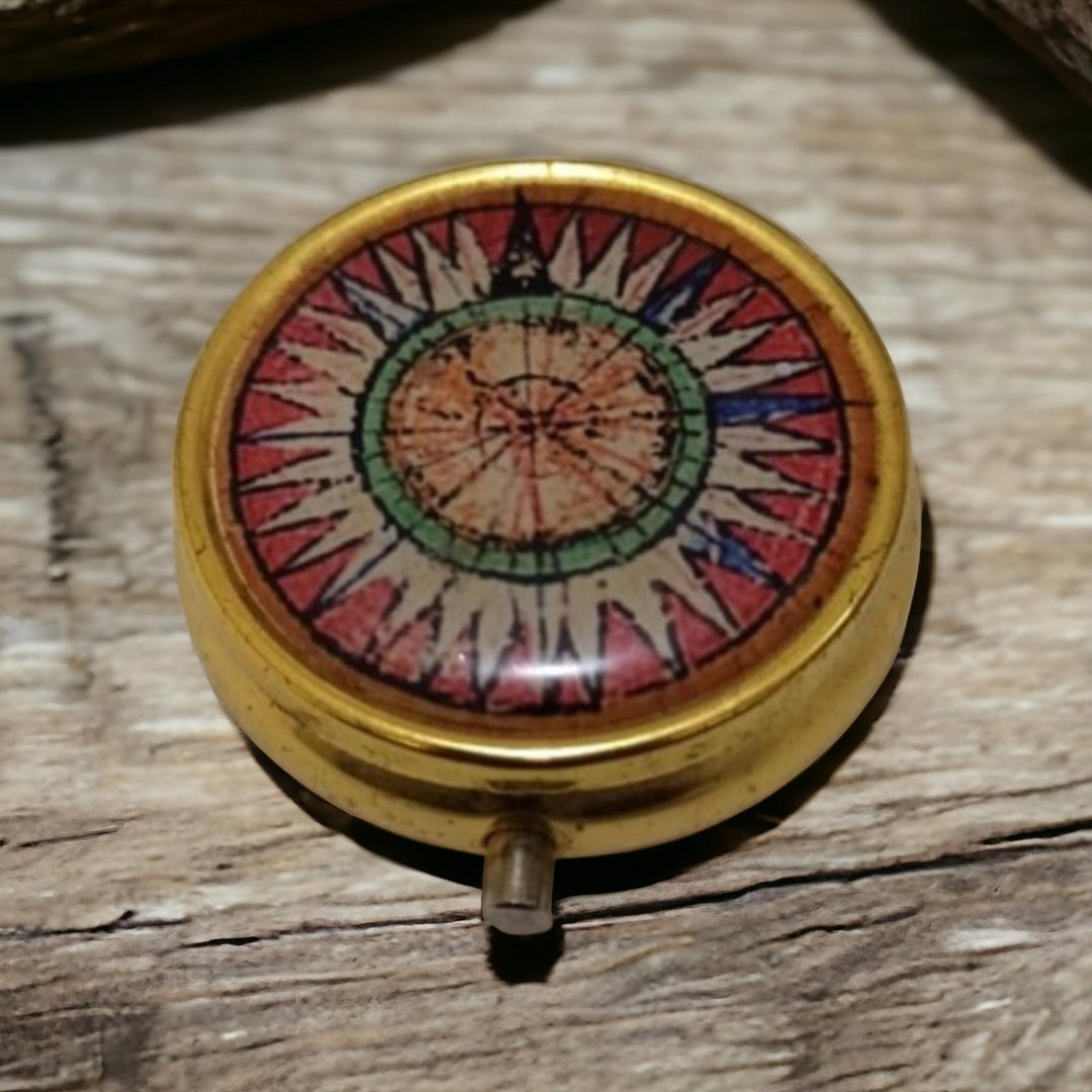 Vintage Gold Pill Box With Compass Design, Retro Metal Pill Organizer ...