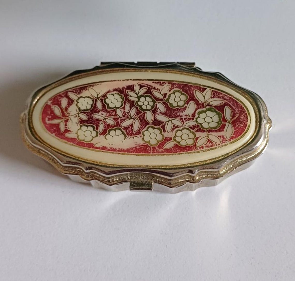Vintage Floral Enamel Pill Box Gold-tone Metal & Porcelain Trinket Box ...