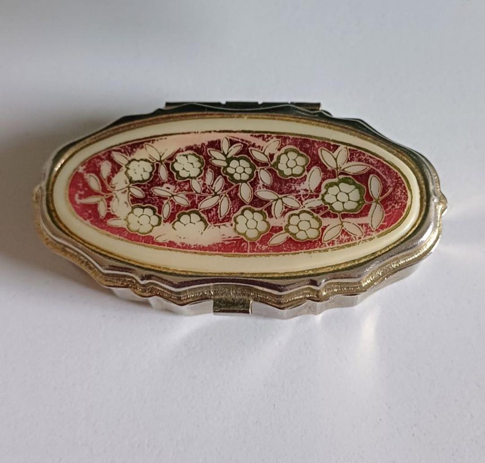 Vintage Floral Enamel Pill Box Gold-tone Metal & Porcelain Trinket Box ...