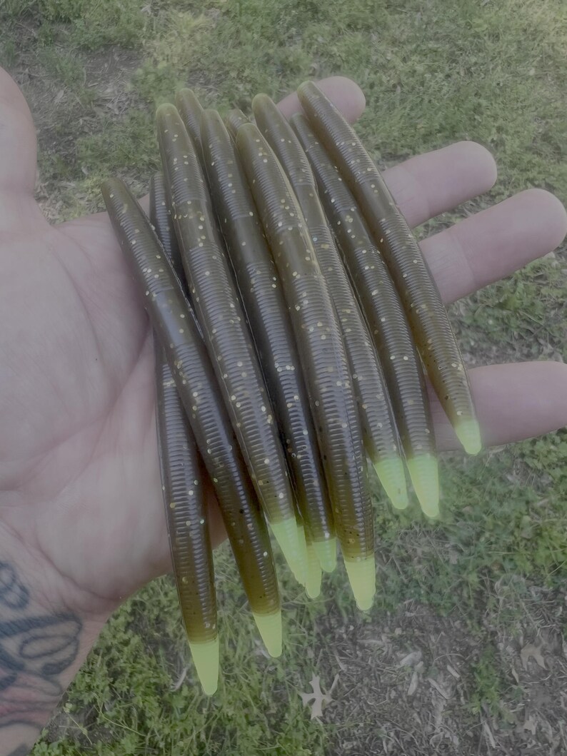 Custom Core Shot Senko Style Stick Baits - Green Pumpkin Flash ...
