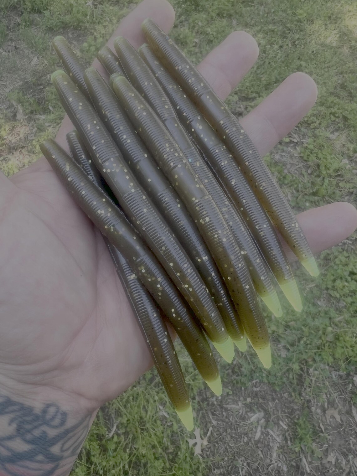 Custom Core Shot Senko Style Stick Baits - Green Pumpkin Flash ...