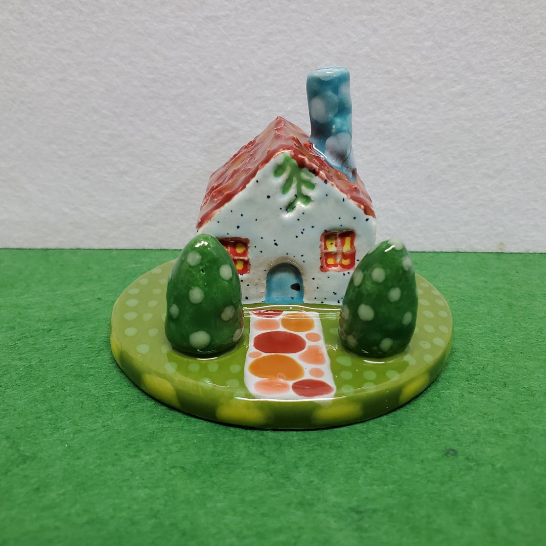 Ceramic Pale Blue Cottage House Shrubs Handmade by Sharon Bloom Designs ...