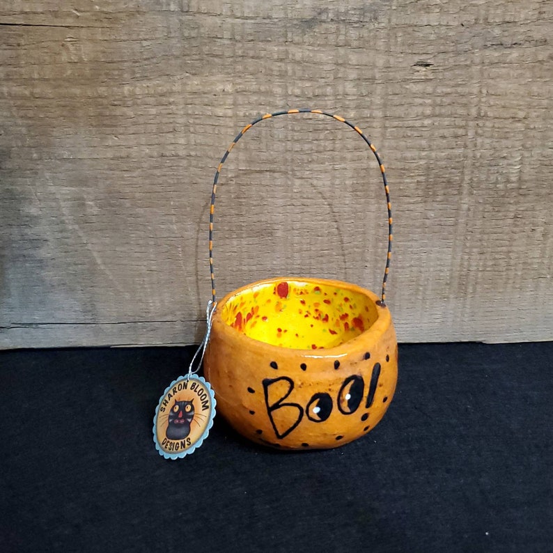 Sculpture Art Objects Halloween Anthropomorphic Orange Pumpkin BOO Pail ...