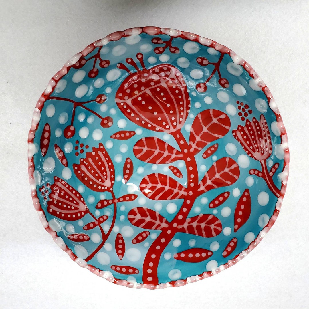 Ceramic Folk Art Red Floral Dapple Edge Bowl Hand Painted by Sharon ...
