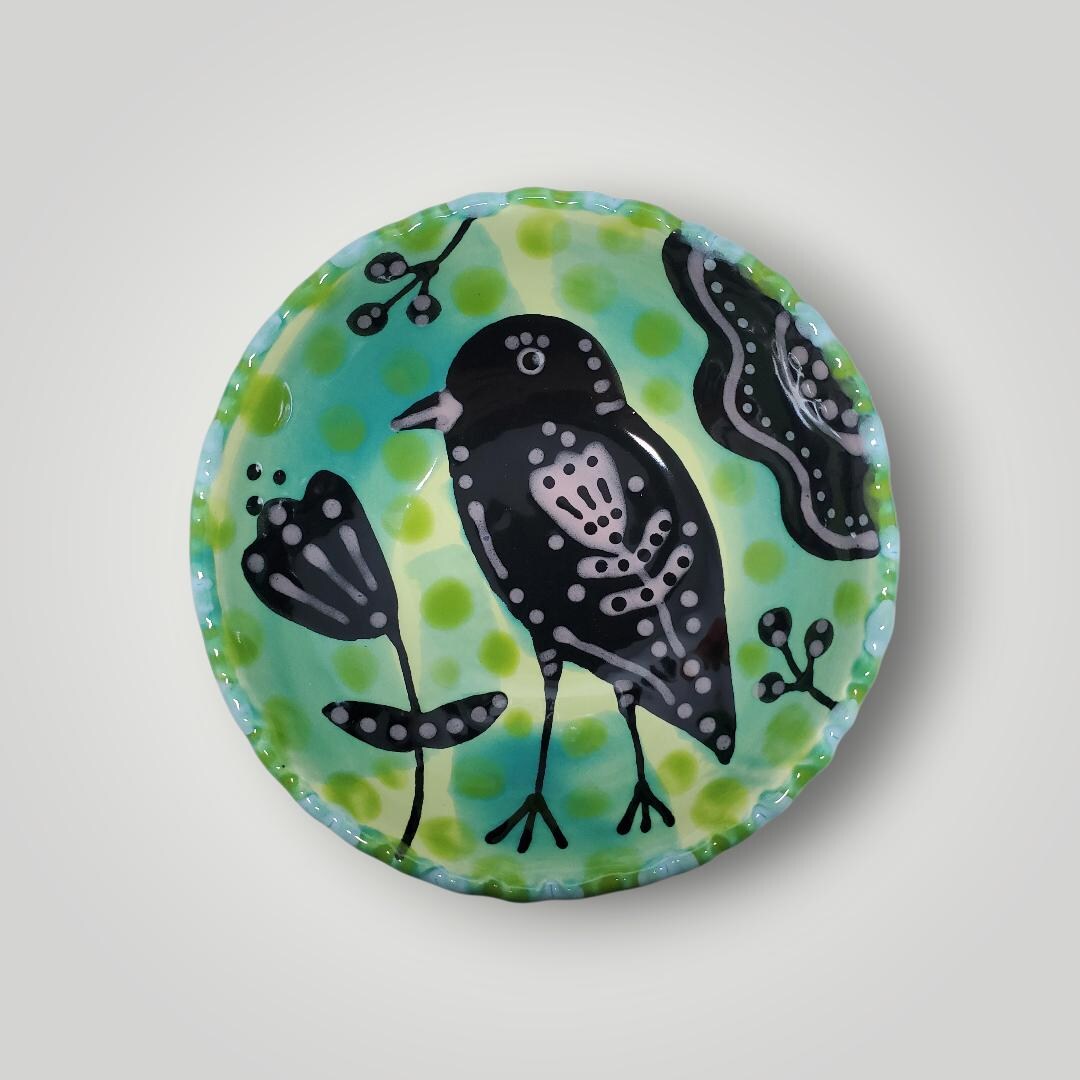 Ceramic Folk Art Blackbird Little Dapple Edge Bowl Hand Painted by ...