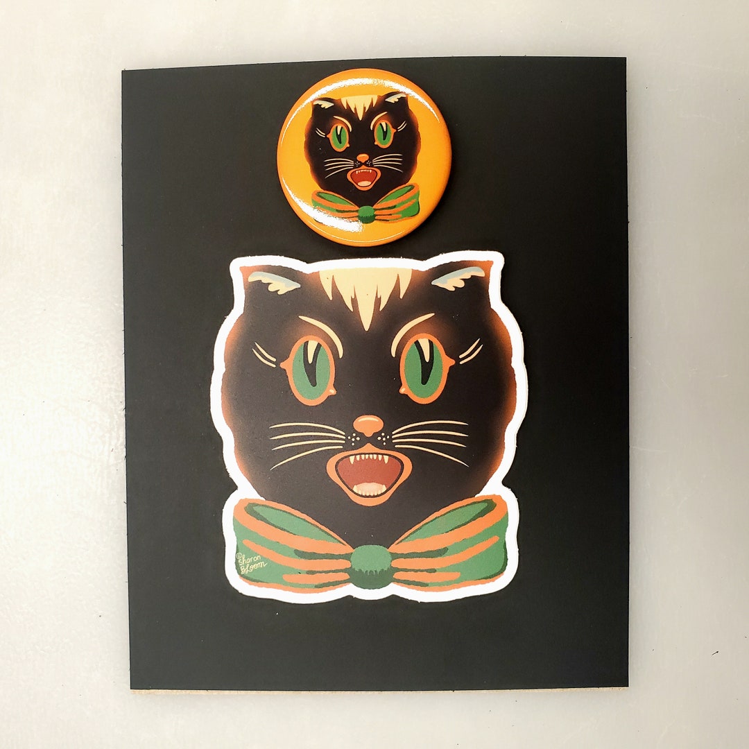 Halloween Fright Cat Button Pinback*sticker SET OF TWO by Sharon Bloom ...
