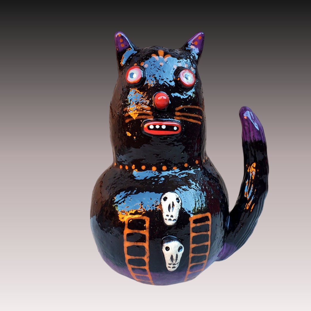 Halloween Ceramic Black Cat Skull Rattle Shaker Sculpture - Etsy