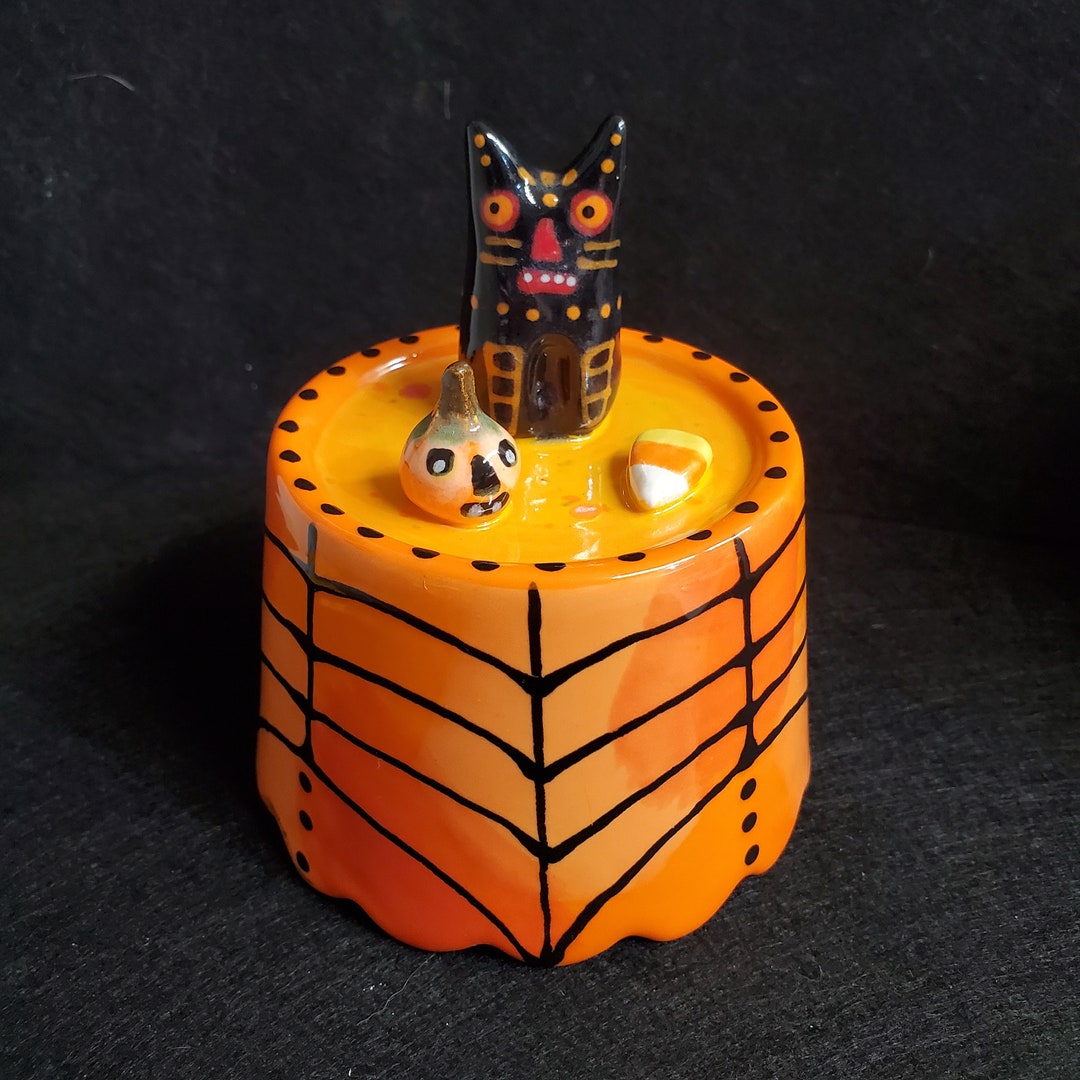 Halloween Black Cat Pumpkin Candy Corn Jack-o-lantern Webs Sculpture by ...