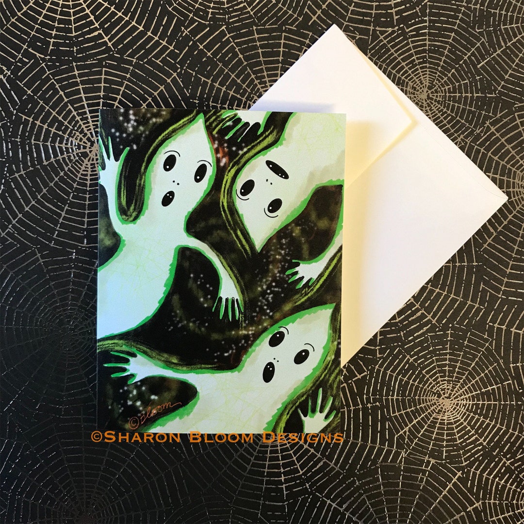 Halloween Ghosts Frightful Spooky Spirits Blank Note Card Painting by ...