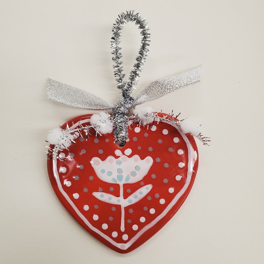 Christmas Tree Ceramic Red Heart Flower Ornament by Sharon Bloom ...