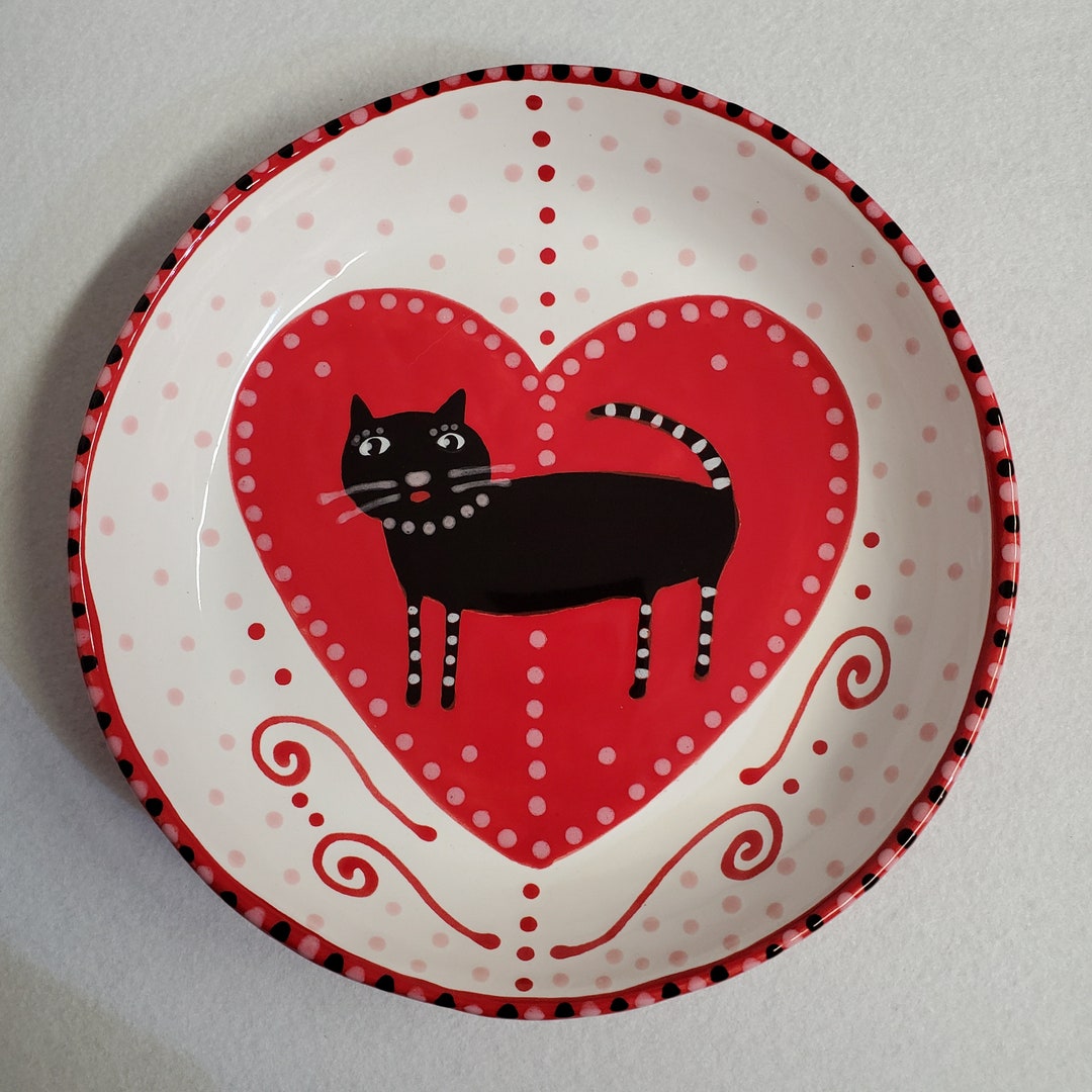 Ceramic Black Cat Heart Folk Art Medium Dish by Sharon Bloom Designs - Etsy