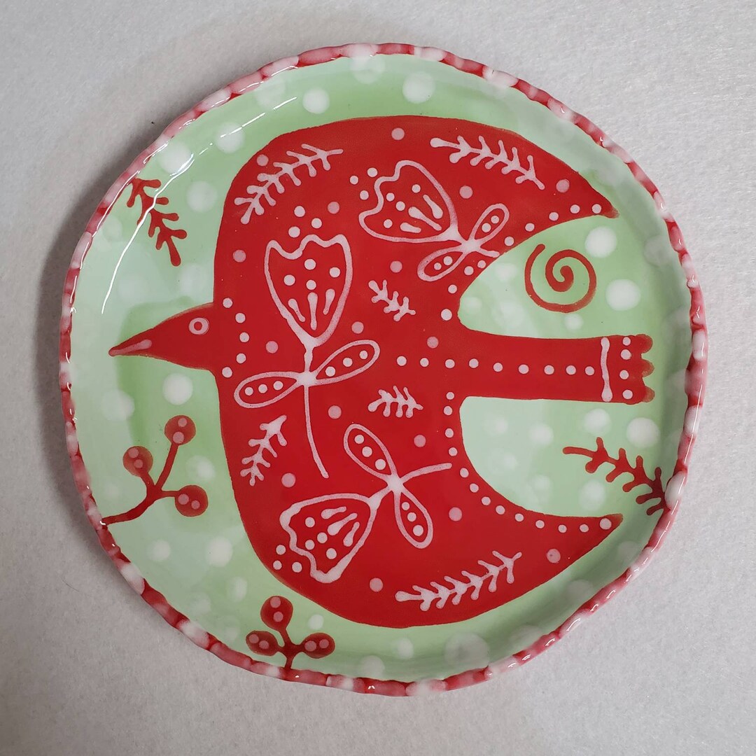 Ceramic Red Bird Dapple Edge Folk Art Small Plate Hand Painted by ...