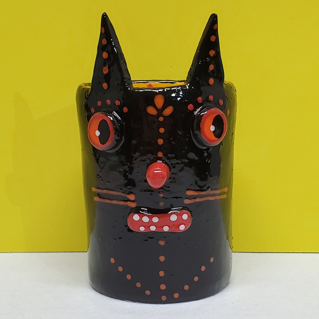 Ceramic Halloween Anthropomorphic Black Cat Pumpkin Sculpture Container ...