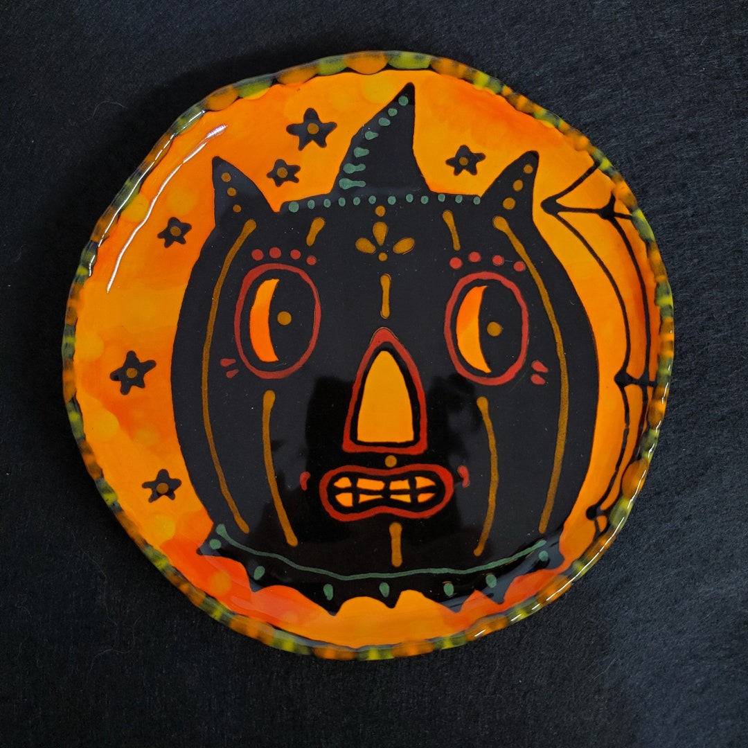 Ceramic Halloween Pumpkin Cat Dapple Edge Folk Art Small Plate Hand ...
