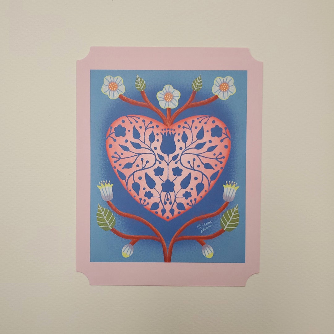 Heart and Flowers Greeted Die Cut Flat Card Art by Sharon Bloom Designs ...