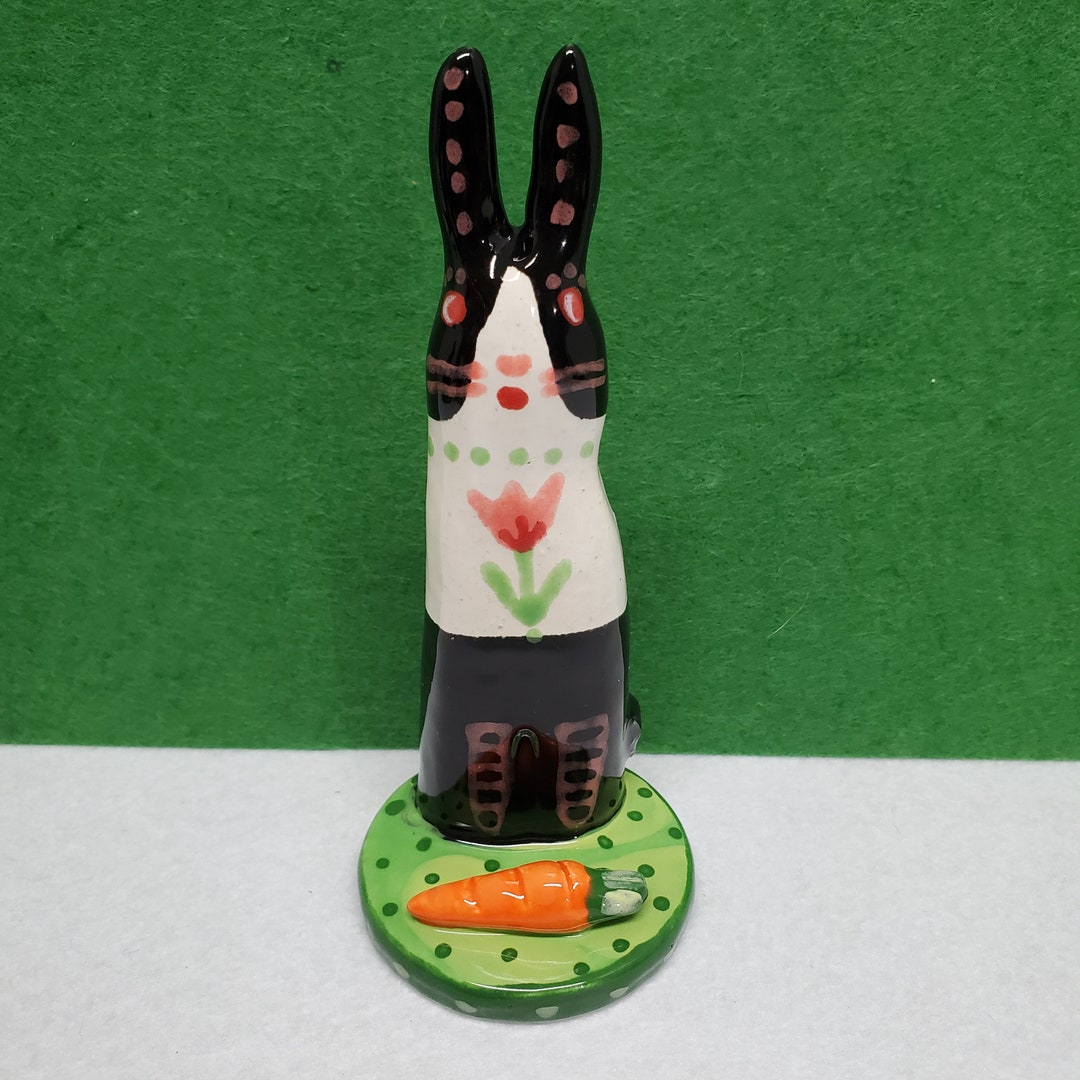 Ceramic Dutch Bunny Black and White With Carrot Sculpture Handmade by ...