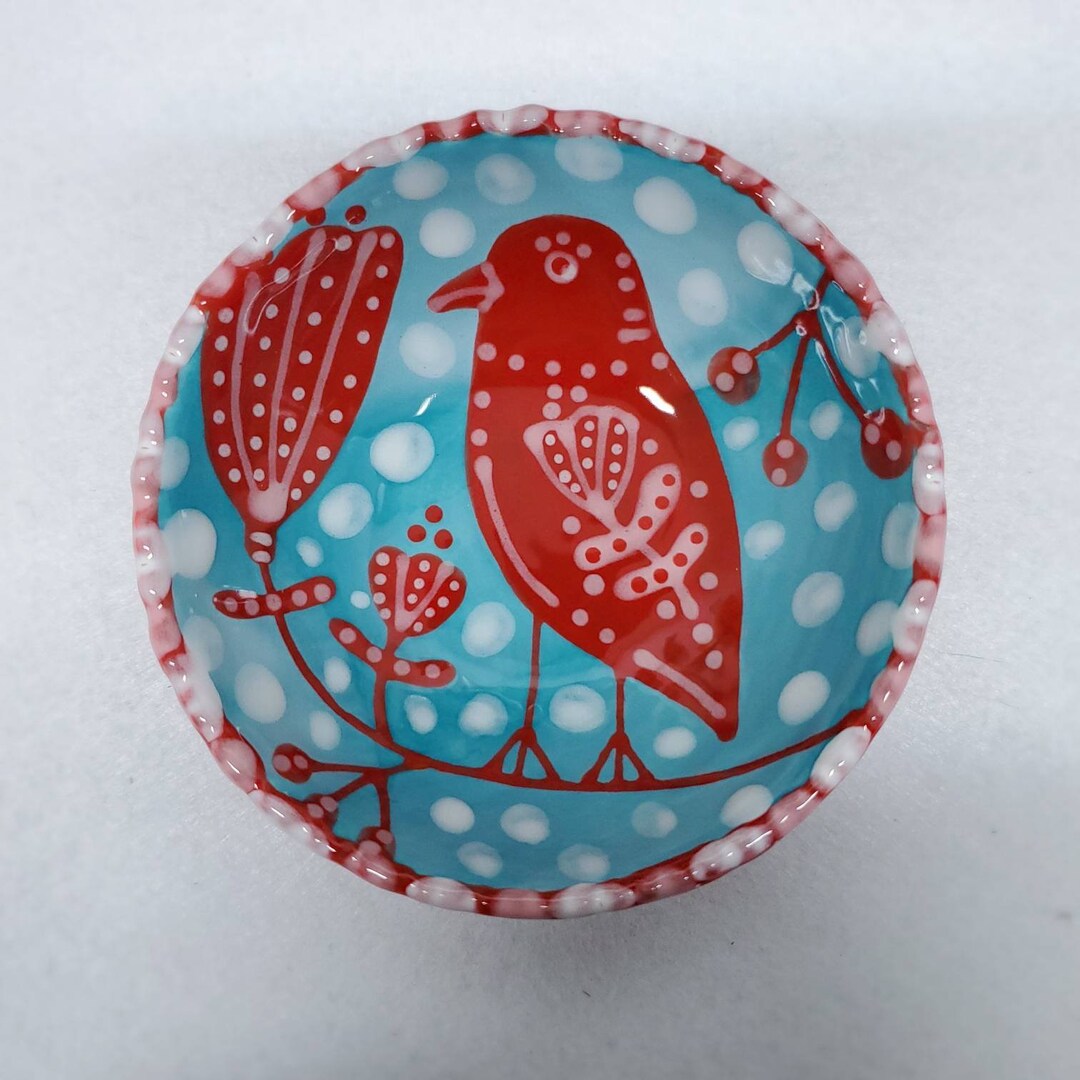 Ceramic Folk Art Red Bird Flowers Little Dapple Edge Bowl Hand Painted ...