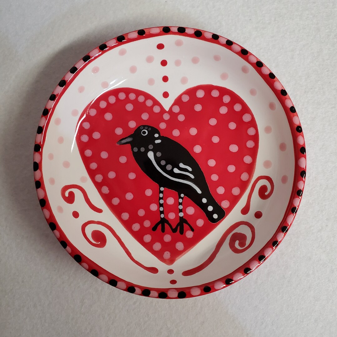 Ceramic Folk Art Red Heart Blackbird Crow Mini Dish Hand Painted by ...