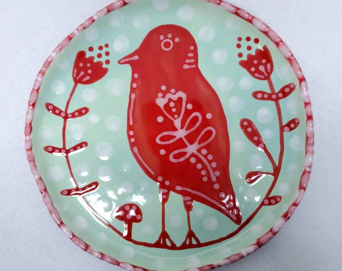 Ceramic Red Bird Dapple Edge Folk Art Small Plate Hand Painted by ...