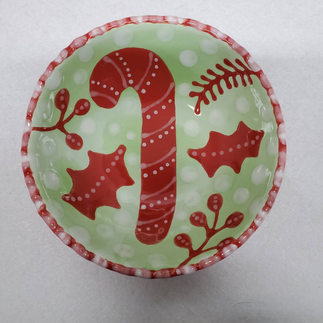 Ceramic Folk Art Red Candy Cane Dapple Edge Bowl Hand Painted by Sharon ...