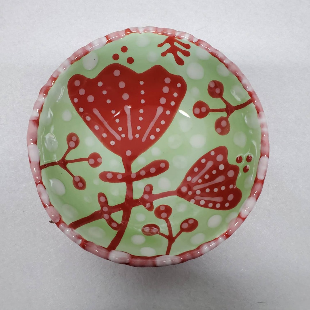 Ceramic Folk Art Red Flowers Dapple Edge Bowl Hand Painted by Sharon ...