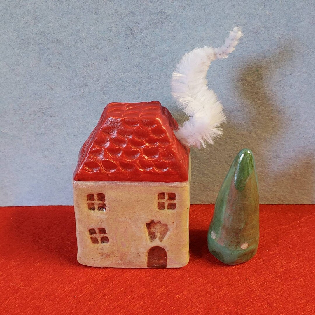 Ceramic Cottage With Tree Set of Two Pieces Folk Art Sculptures ...