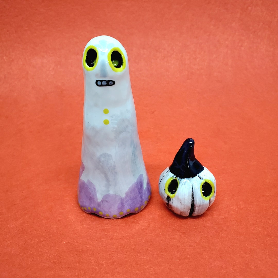 Halloween Ceramic Ghost and Ghost Pumpkin SET OF TWO Small Sculptures ...