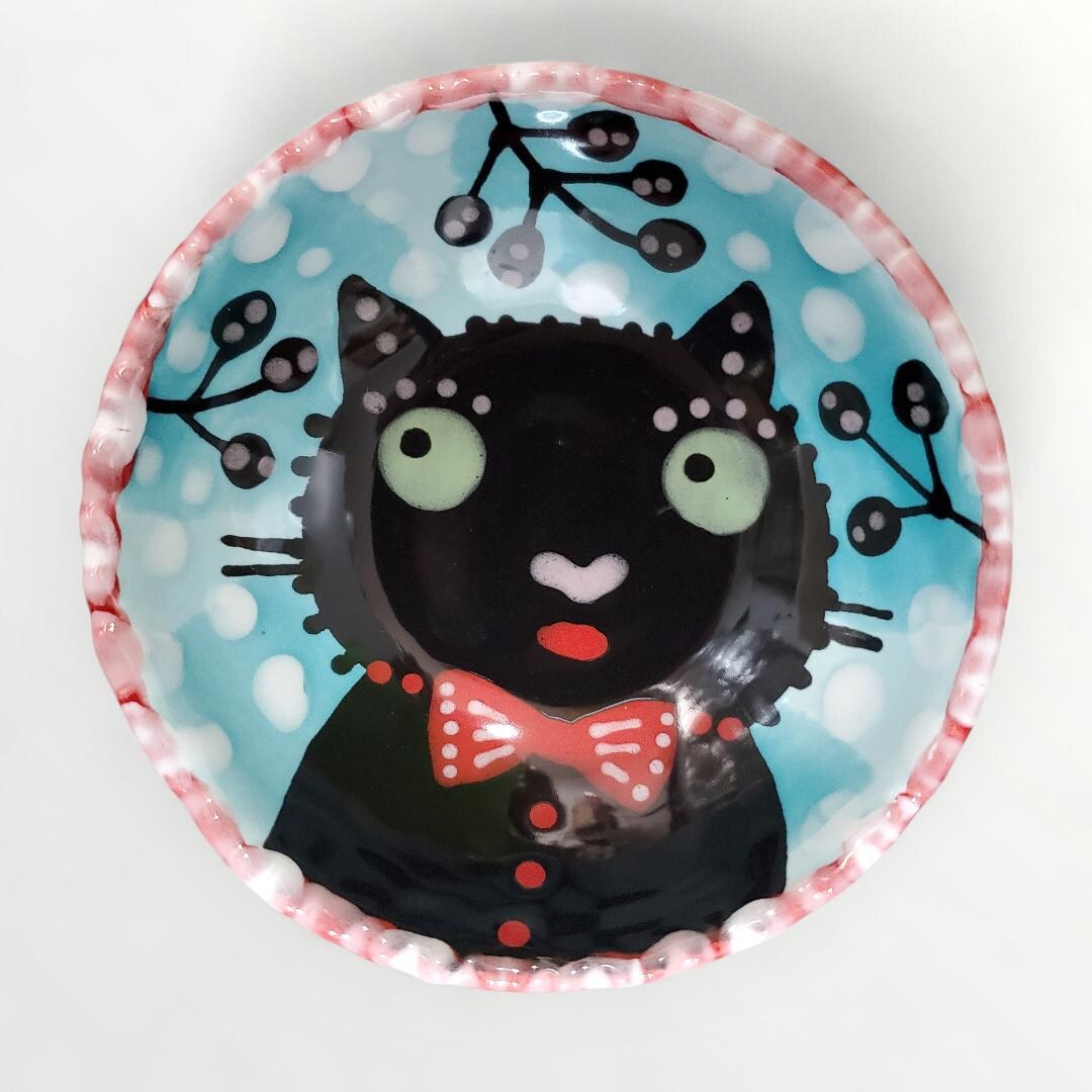 Ceramic Black Cat Red Bow Tie Little Dapple Edge Bowl Hand Painted by ...