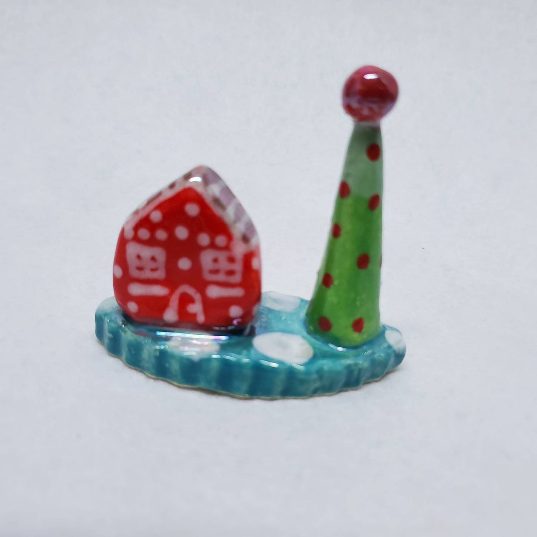 Ceramic Tiny Cottage Tree Holiday Winter Sculpture Handmade by Sharon ...