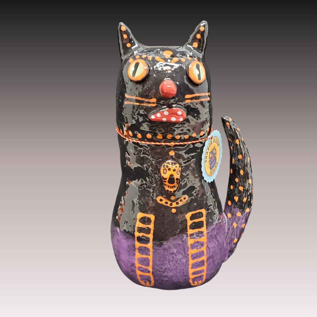 Handmade Halloween Ceramic Black Cat Sculptural Rattle With Skull ...