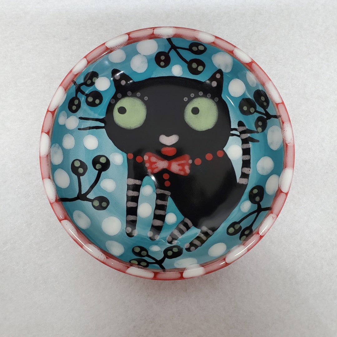 Ceramic Black Cat Bow Tie Folk Art Mini Dish by Sharon Bloom Designs - Etsy