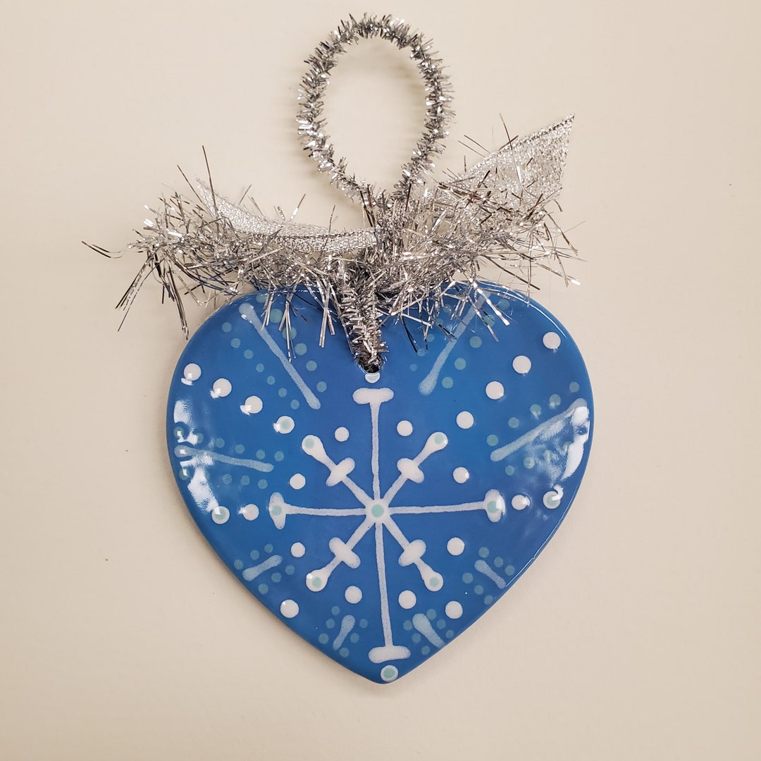 Christmas Tree Ceramic Blue Heart Snowflake Ornament by Sharon Bloom ...