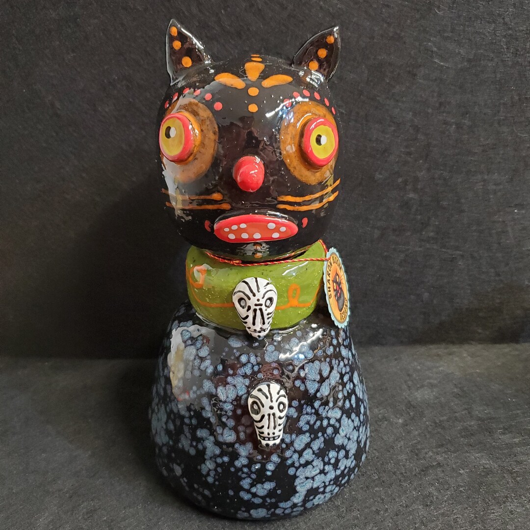 Halloween Ceramic Spooky Black Cat Skull Rattle Shaker Sculpture ...