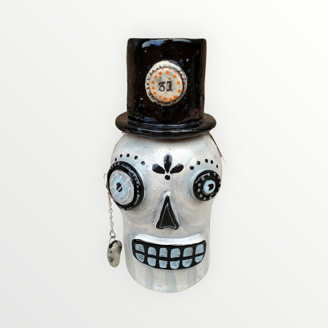 Spooky Handmade Ceramic Halloween Skull Top-31- Hat Monocle Sculptural ...