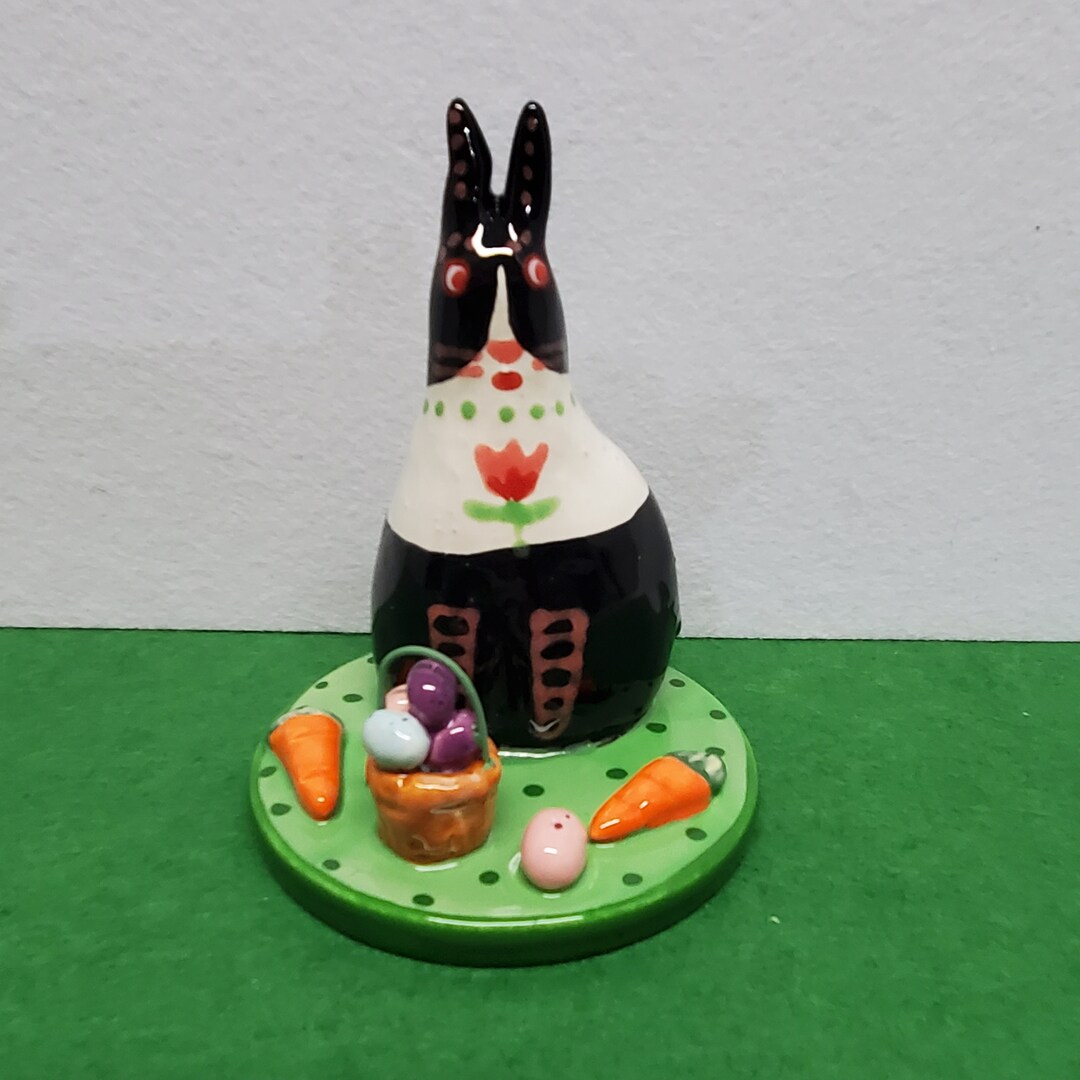 Ceramic Dutch Bunny Black and White Basket Eggs Carrots Sculpture With ...