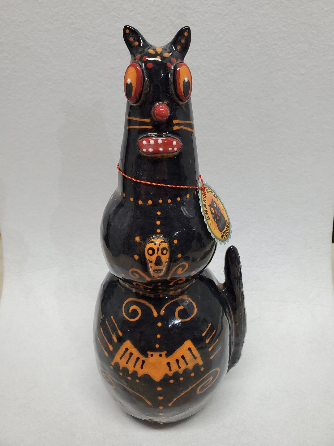 Halloween Ceramic Black Cat Skull Rattle Shaker Sculpture Handmade by ...