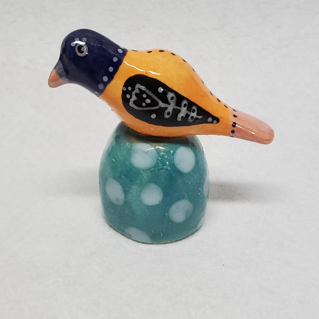 Light Orange and Navy Blue Folk Art Bird Ceramic Sculpture Americana ...