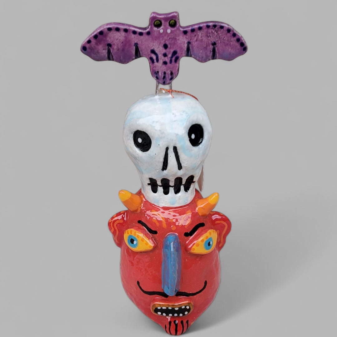 Halloween Ceramic Devil Skull Bat Totem Sculptural Rattle Noisemaker ...